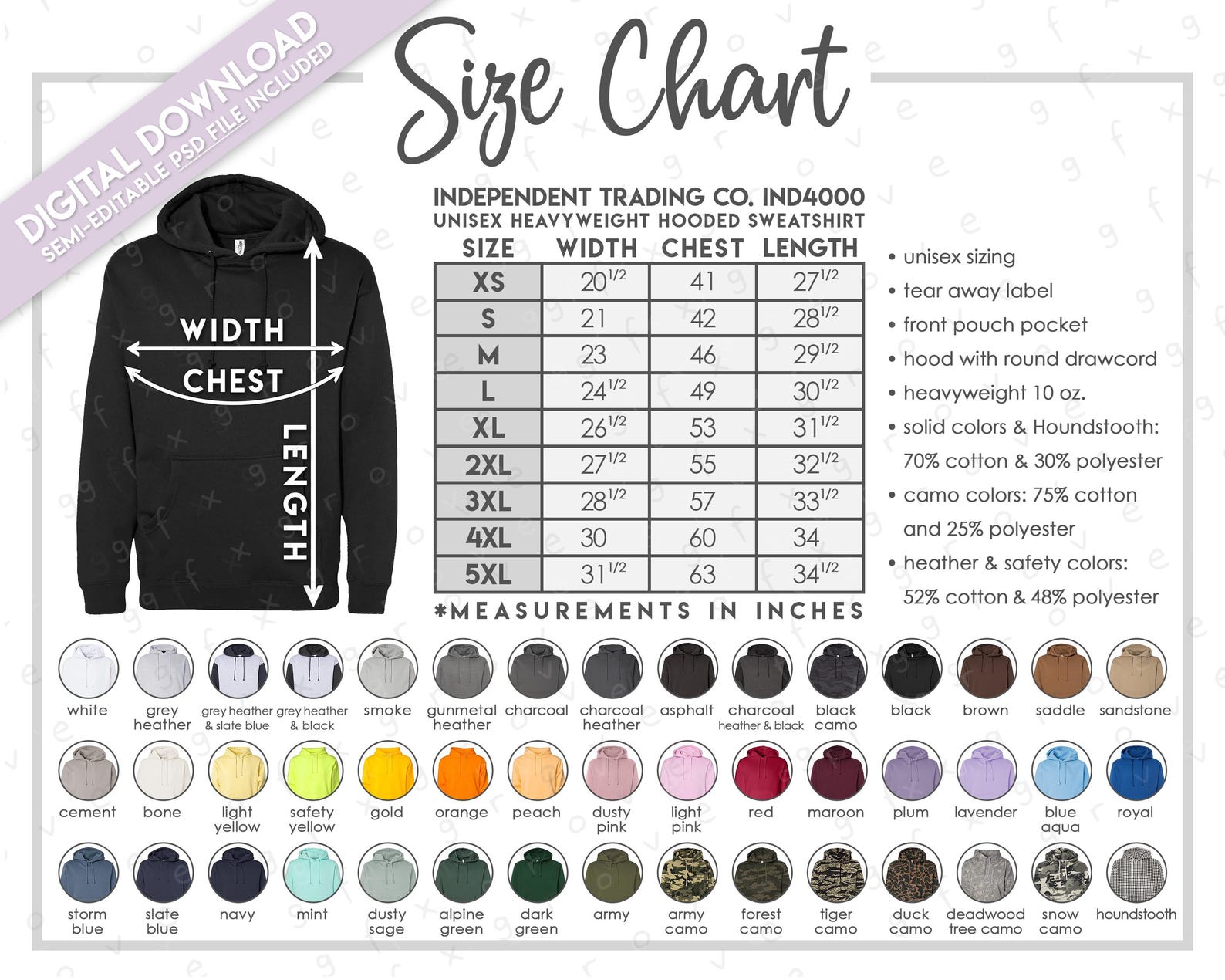 Semi-editable Independent Trading Co. IND4000 Size + Color Chart ...