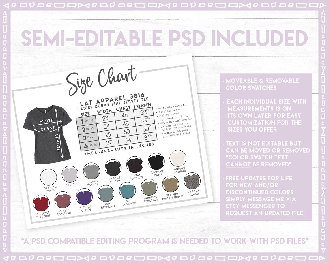 Semi-editable LAT Apparel 3816 Size Color Chart LAT - Etsy