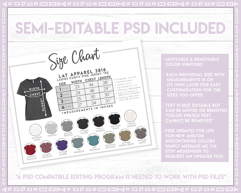 Semi-editable LAT Apparel 3816 Size Color Chart LAT - Etsy