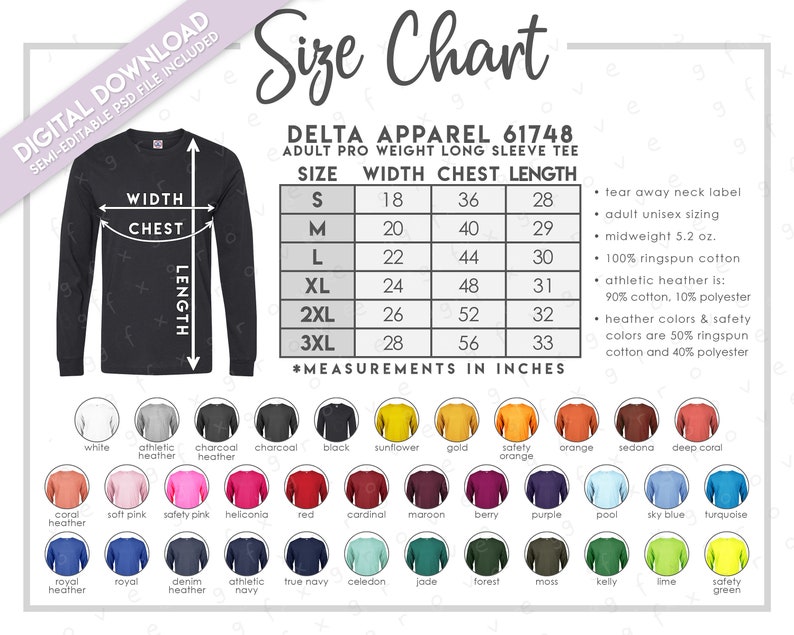 Semi-editable Delta Apparel 61748 Size + Color Chart • Delta Pro Weight ...