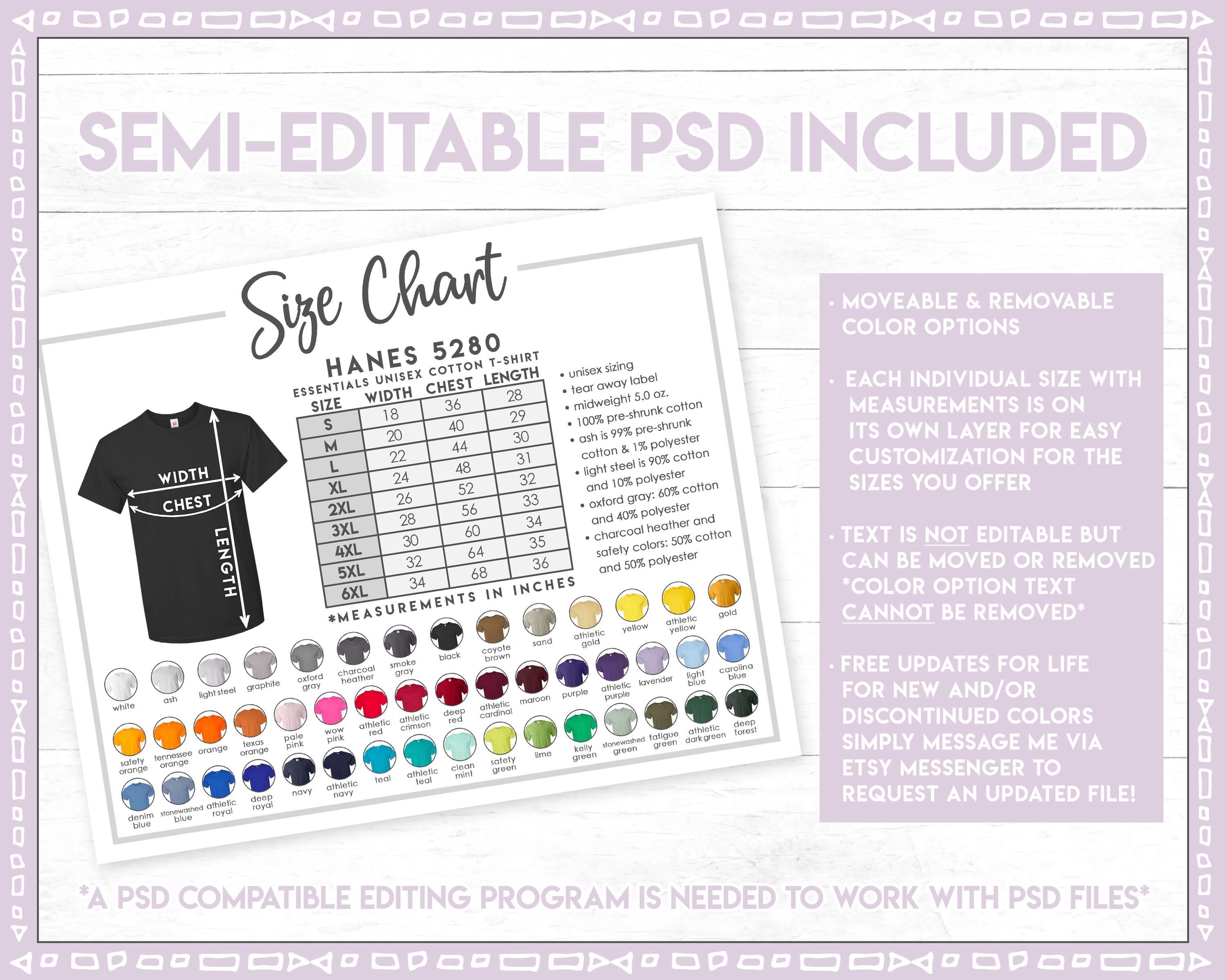 Semi-editable Hanes 5280 Size Chart + Color Chart • Comfortsoft Cotton ...