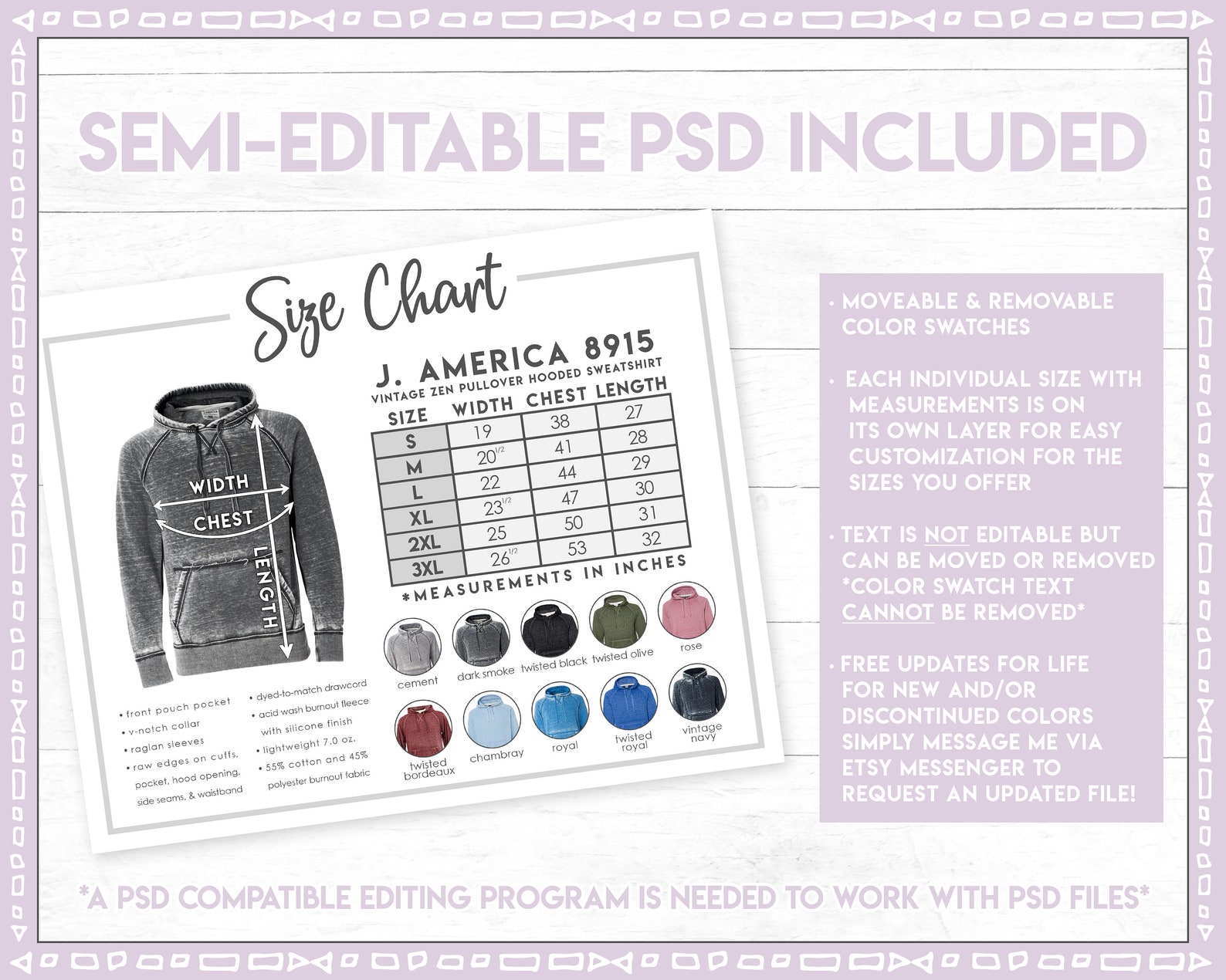 Semi-editable J. America 8915 Size Chart Color Chart J - Etsy