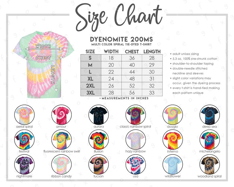 Dyenomite 200MS Size + Color Chart • Dyenomite Multi Spiral T-shirt ...