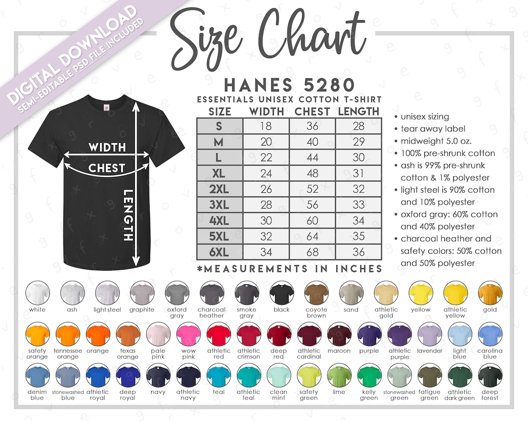 Semi-editable Hanes 5280 Size Chart + Color Chart • Comfortsoft Cotton ...