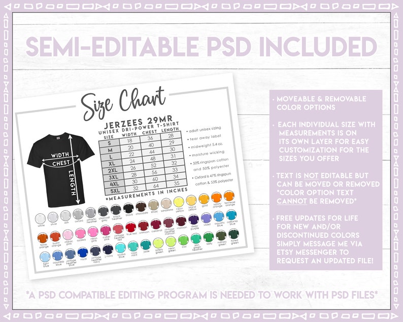 Semi-editable Jerzees 29MR Size + Color Chart • Jerzees Dri Power T ...