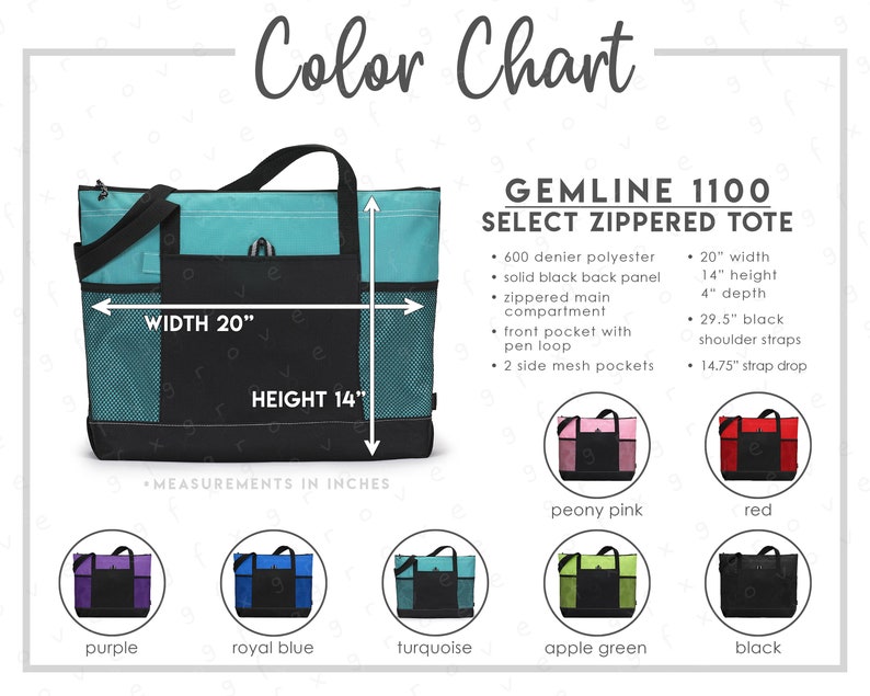 DIGITAL DOWNLOAD *** Gemline 1100 Select Zippered Tote Color Chart • 7 ...