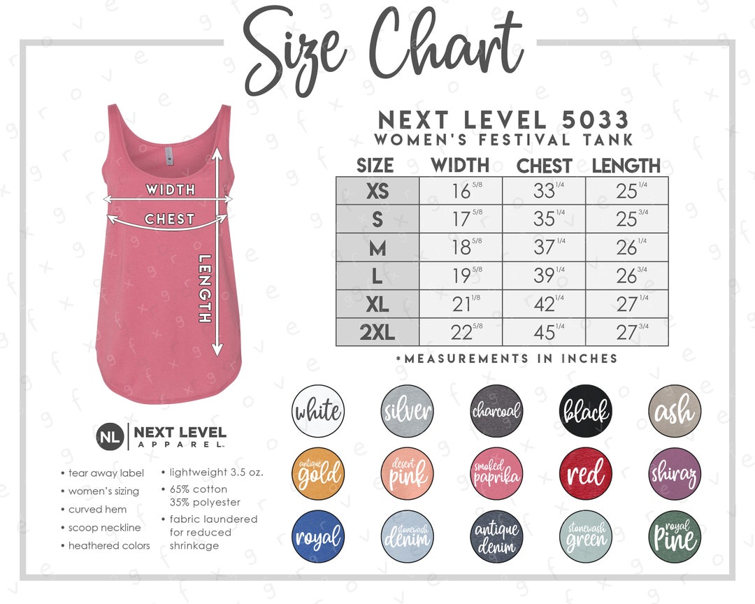 Next Level 5033 Size Color Chart 15 COLORS Next Level Women's Festival ...