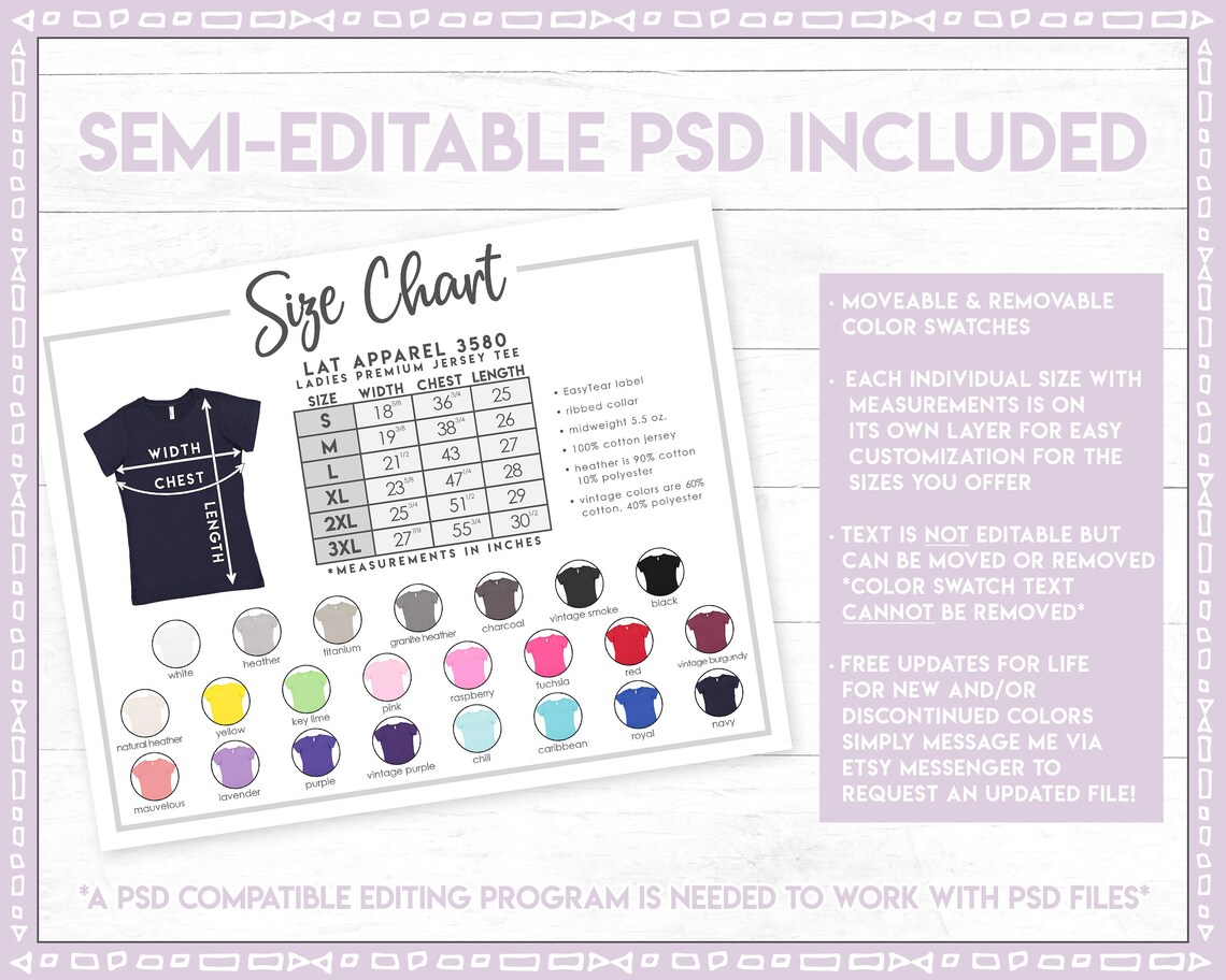 Semi-editable LAT Apparel 3580 Size Color Chart LAT - Etsy