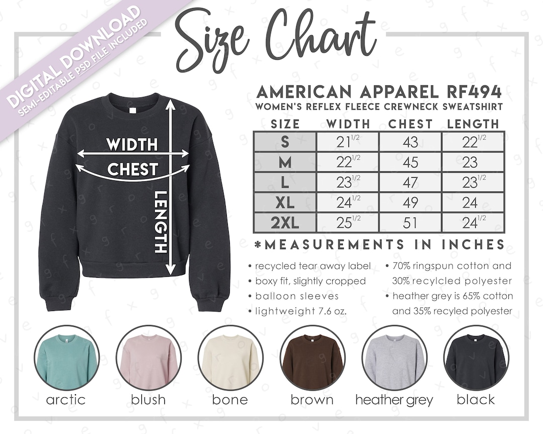 Semi-editable American Apparel RF494 Size + Color Chart • American ...