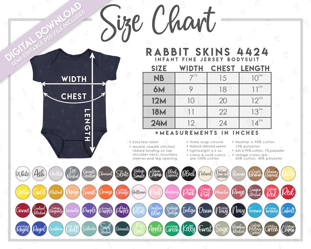 Semi-editable Rabbit Skins 4424 Size + Color Chart • Rabbit Skins Baby ...