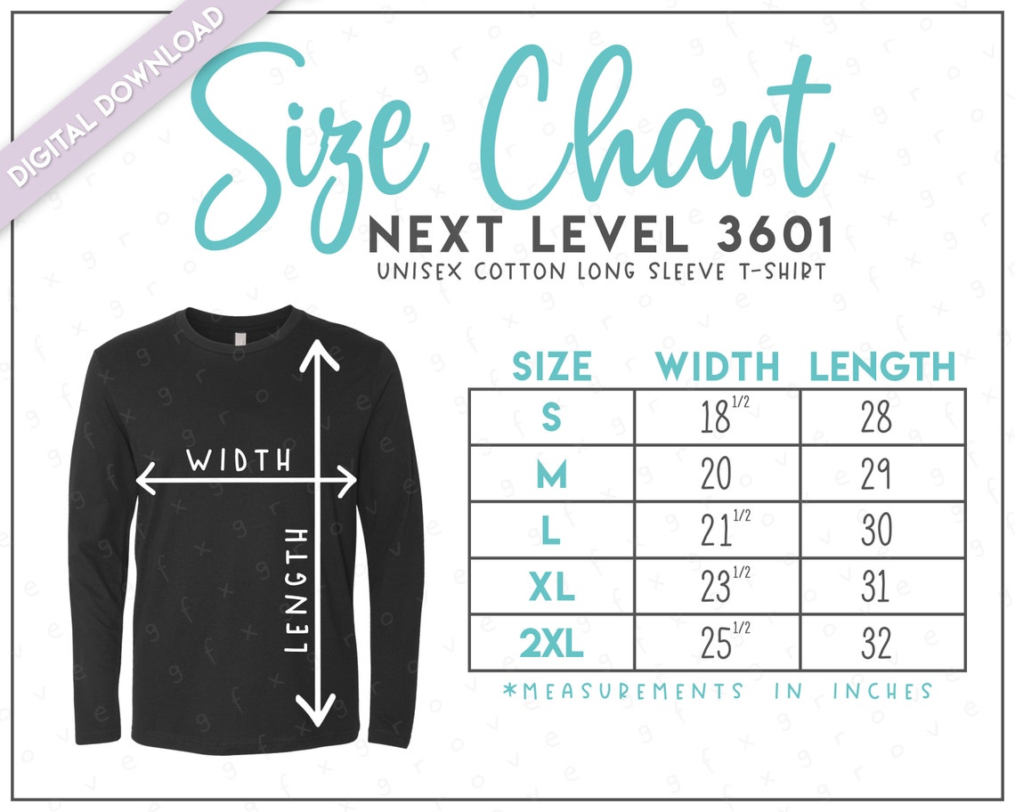 Next Level 3601 Size Chart Next Level Unisex Cotton Long | Etsy