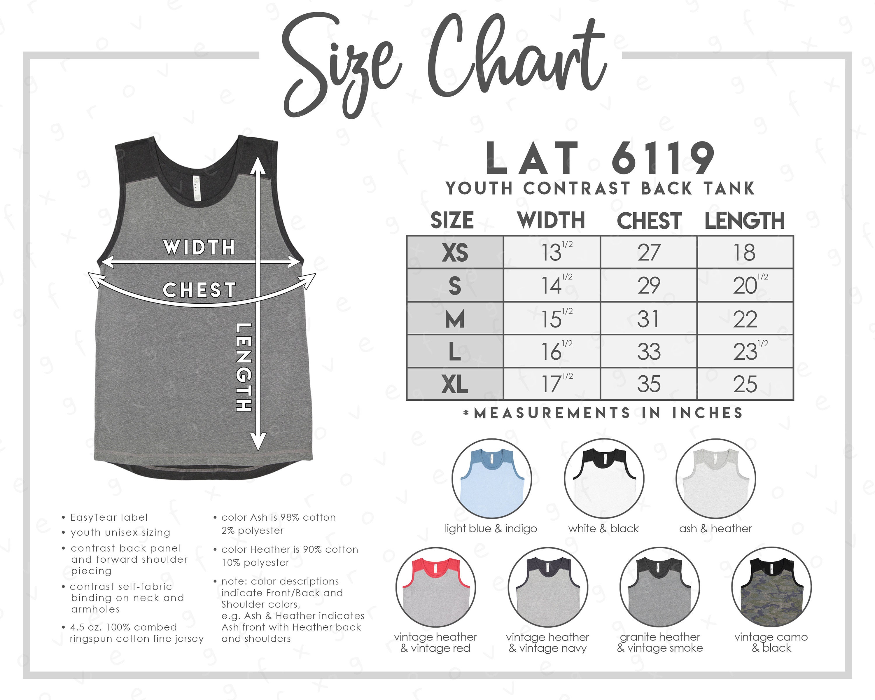 LAT Apparel 6119 Size Color Chart 7 Colors LAT Youth | Etsy