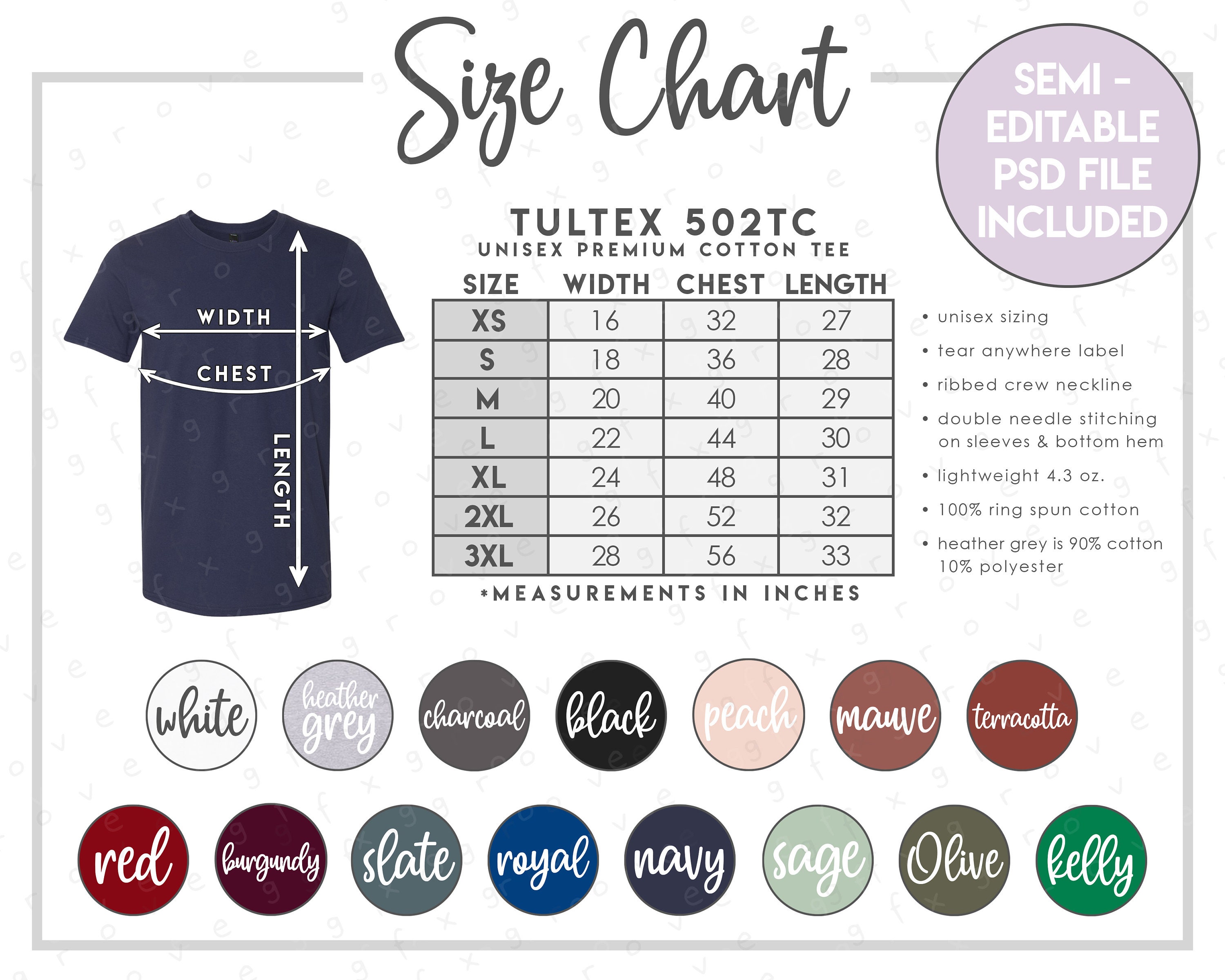 Semi-editable Tultex 502TC Size Color Chart Tultex Unisex - Etsy UK