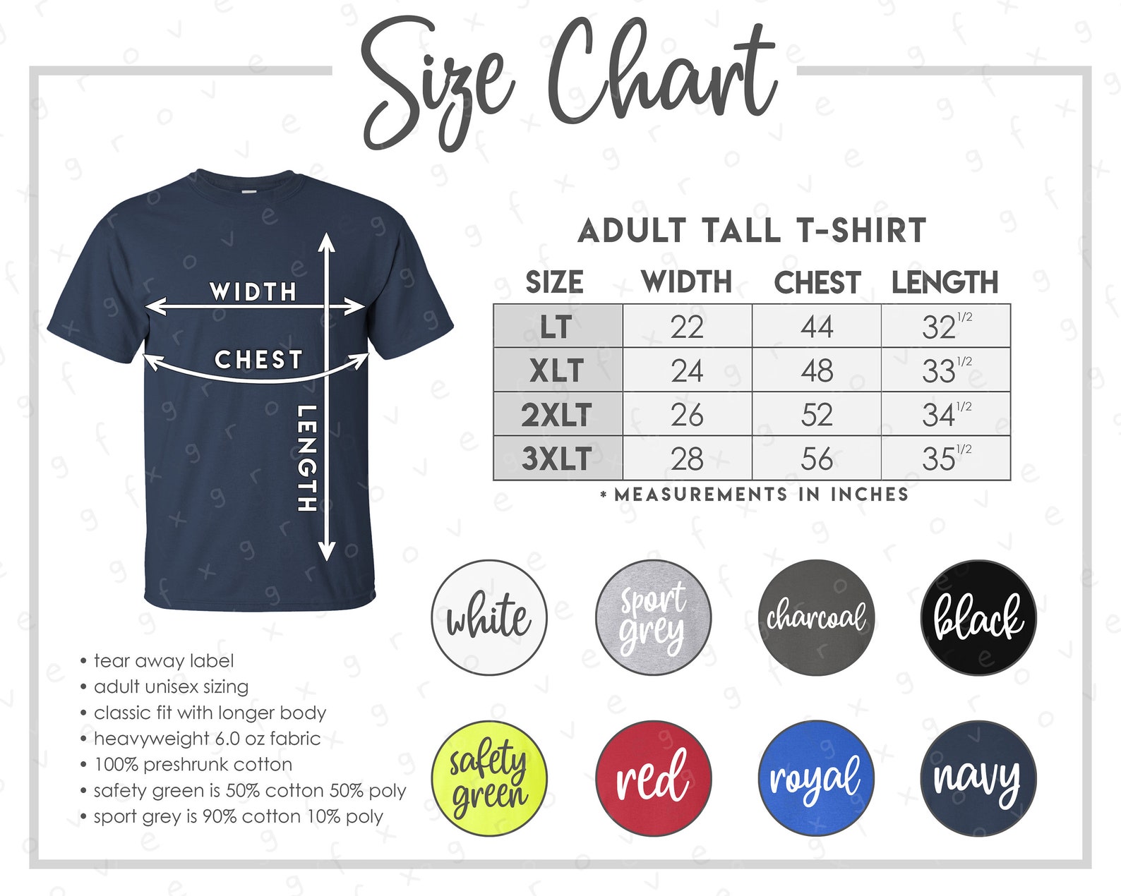 G200T Size Chart + Color Chart (2 Versions Included) • 8 COLORS • Tall ...