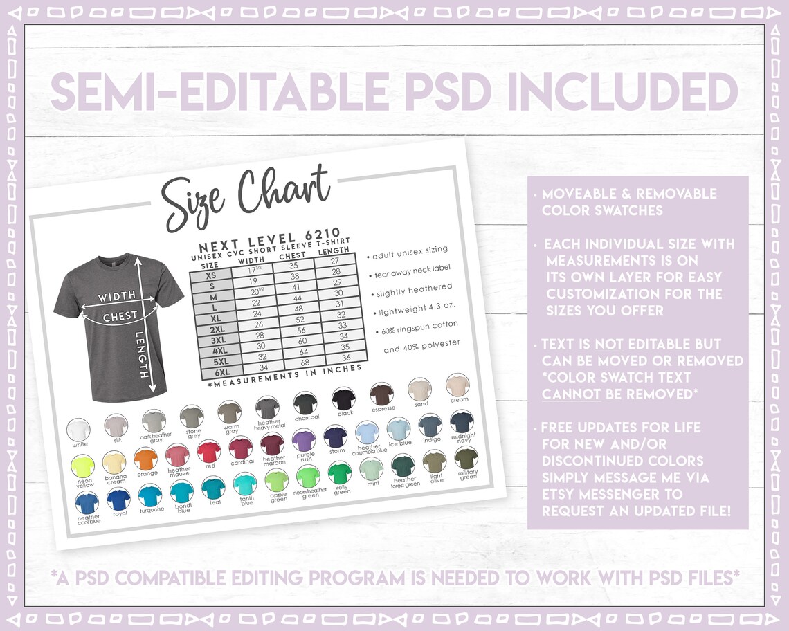Semi-editable Next Level 6210 Size + Color Chart • Next Level CVC T ...