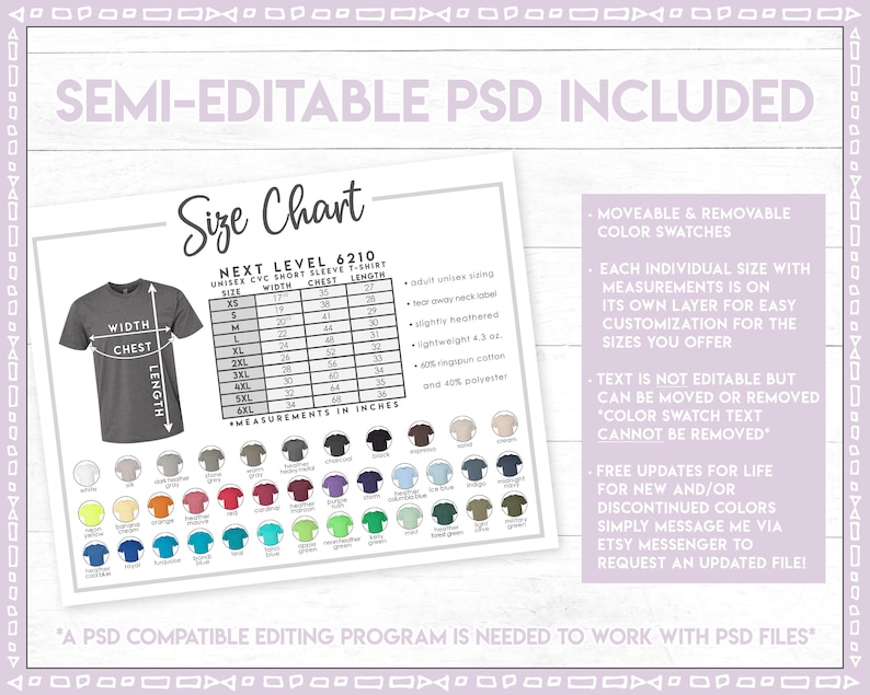 Semi-editable Next Level 6210 Size + Color Chart • Next Level CVC T ...