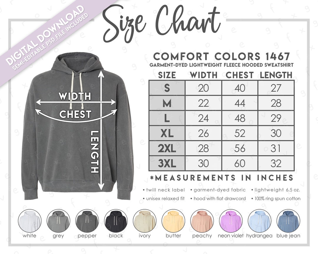 Semi-editable Comfort Colors 1467 Size + Color Chart • Comfort Colors ...
