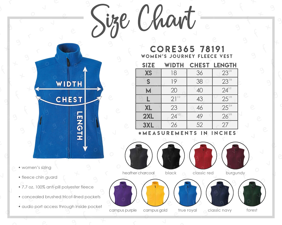 Core365 78191 Size + Color Chart • Core365 Women's Journey Fleece Vest ...