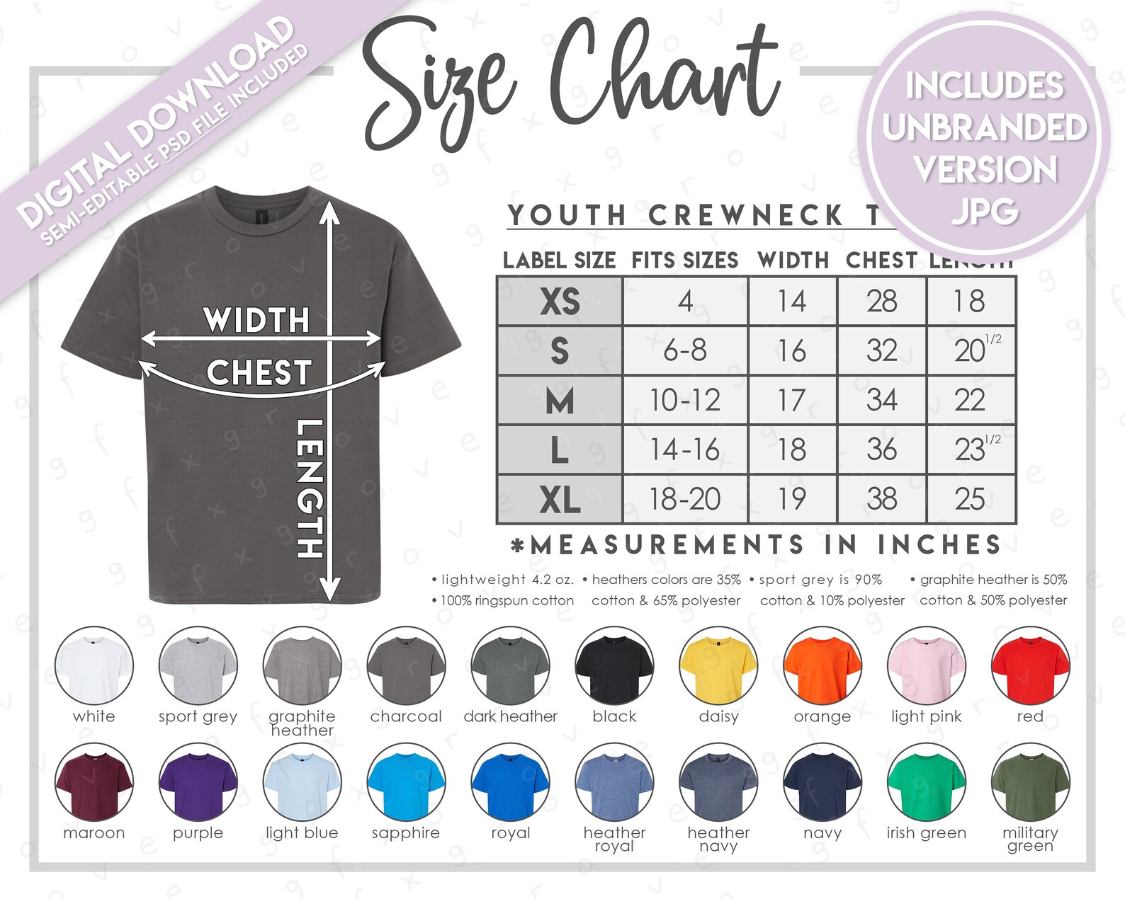 Semi Editable Gildan 64000b Size Chart Color Chart Gildan Softstyle Youth T Shirt Size Chart