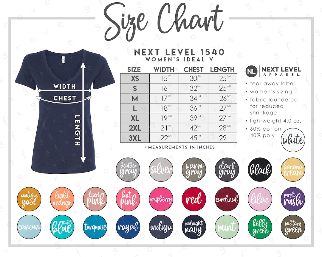 Next Level 1540 Size + Color Chart • 25 COLORS • Next Level Women's ...