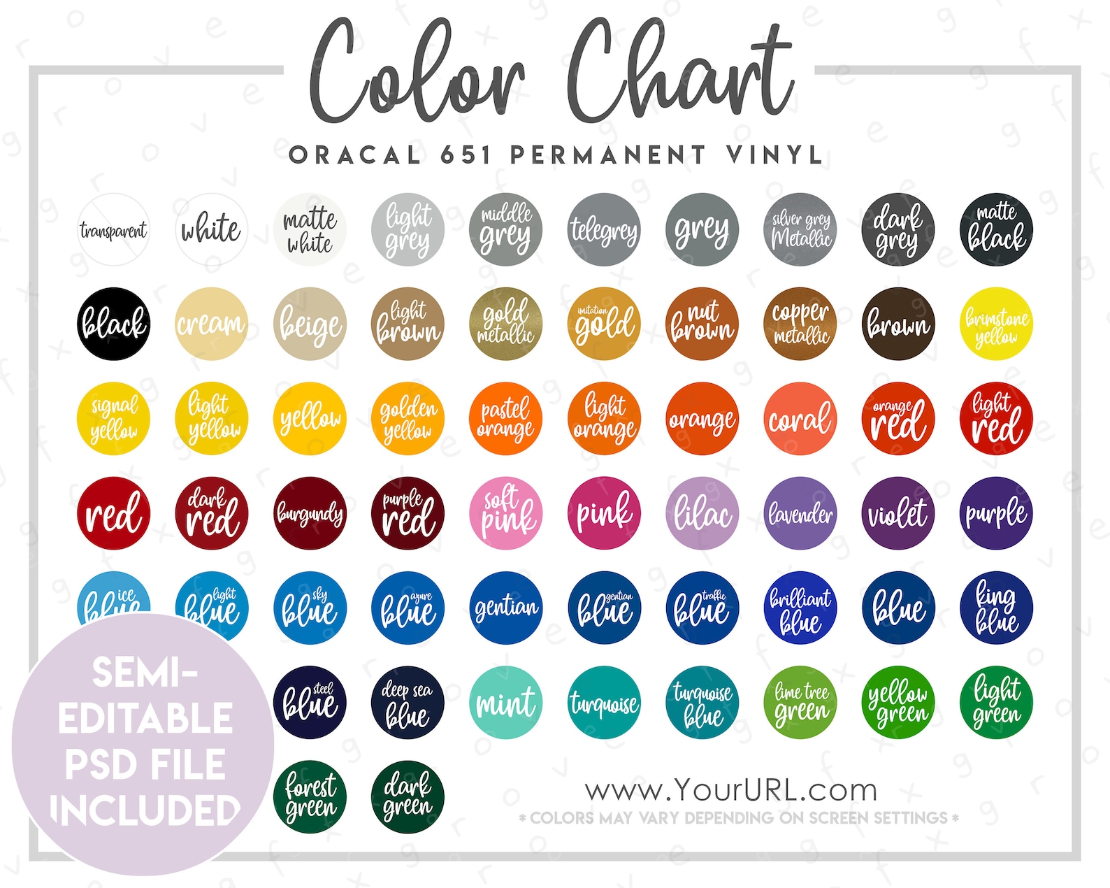 Oracal 651 Permanent Vinyl Color Chart • 64 COLORS • Semi-editable PSD ...