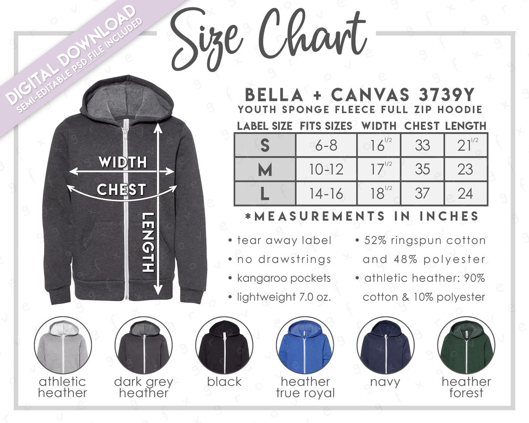 Semi-editable Bella + Canvas 3739Y Size + Color Chart • Bella Canvas ...