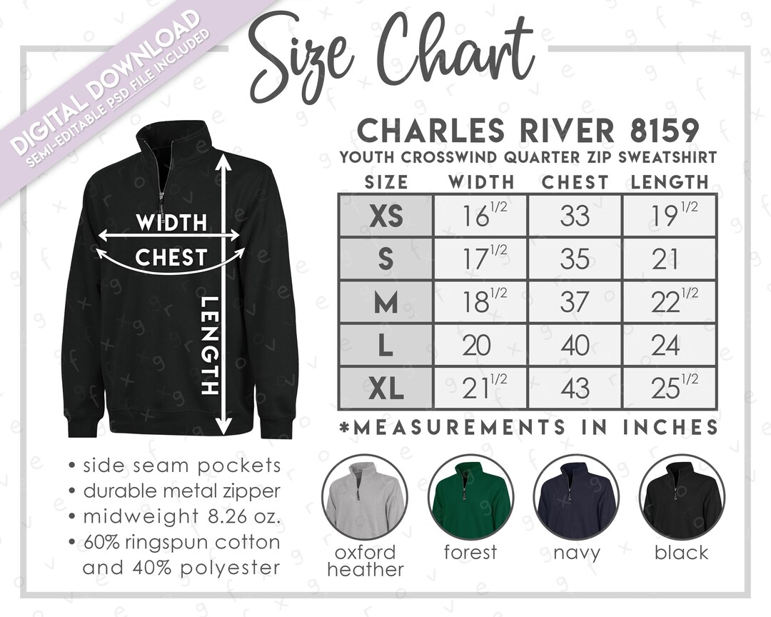 Semi-editable Charles River 8159 Size + Color Chart • Youth Crosswind ...
