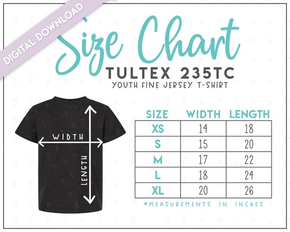 Tultex 235TC Size Chart Tultex Youth Fine Jersey Tee Size | Etsy