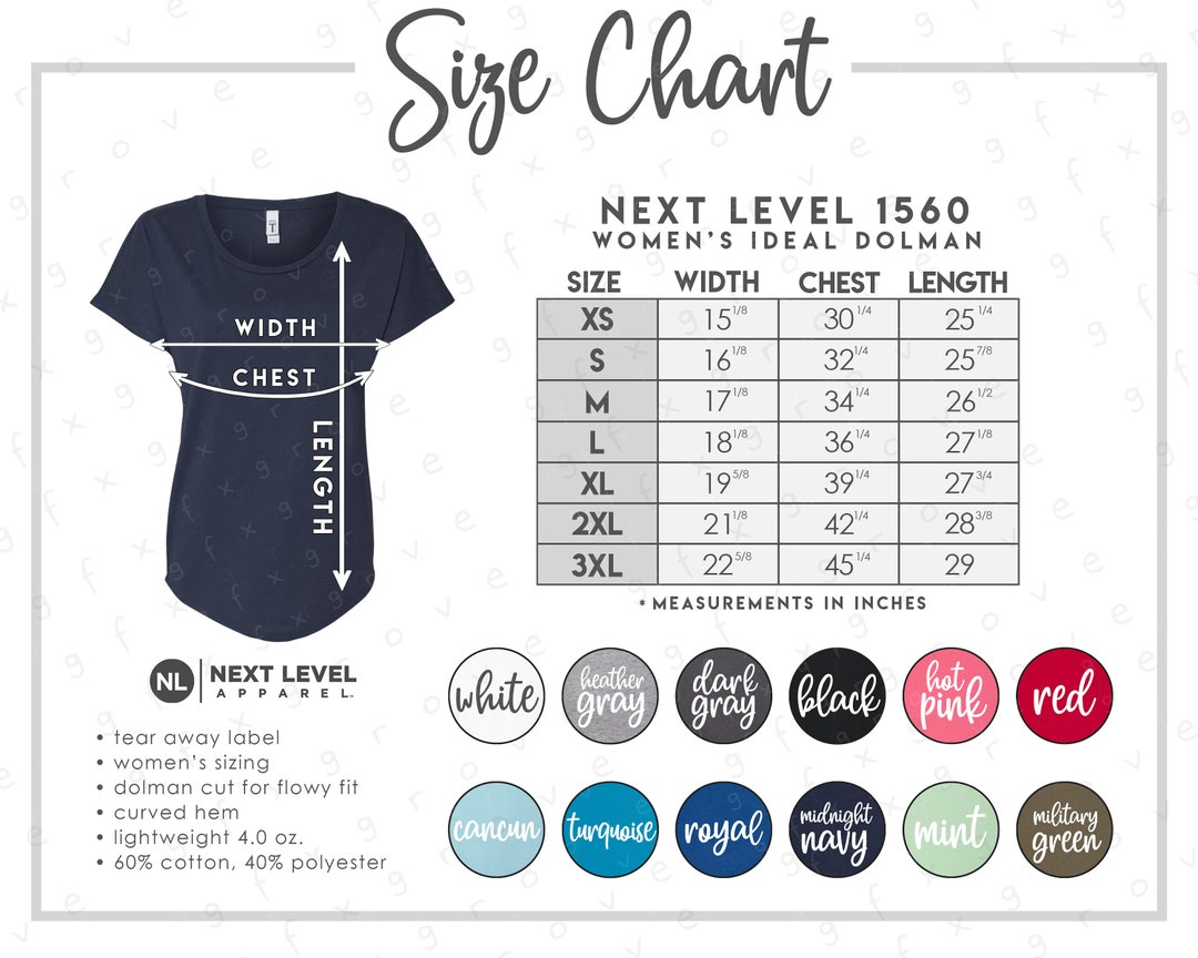 Next Level 1560 Size + Color Chart • 12 COLORS • Next Level Women's ...