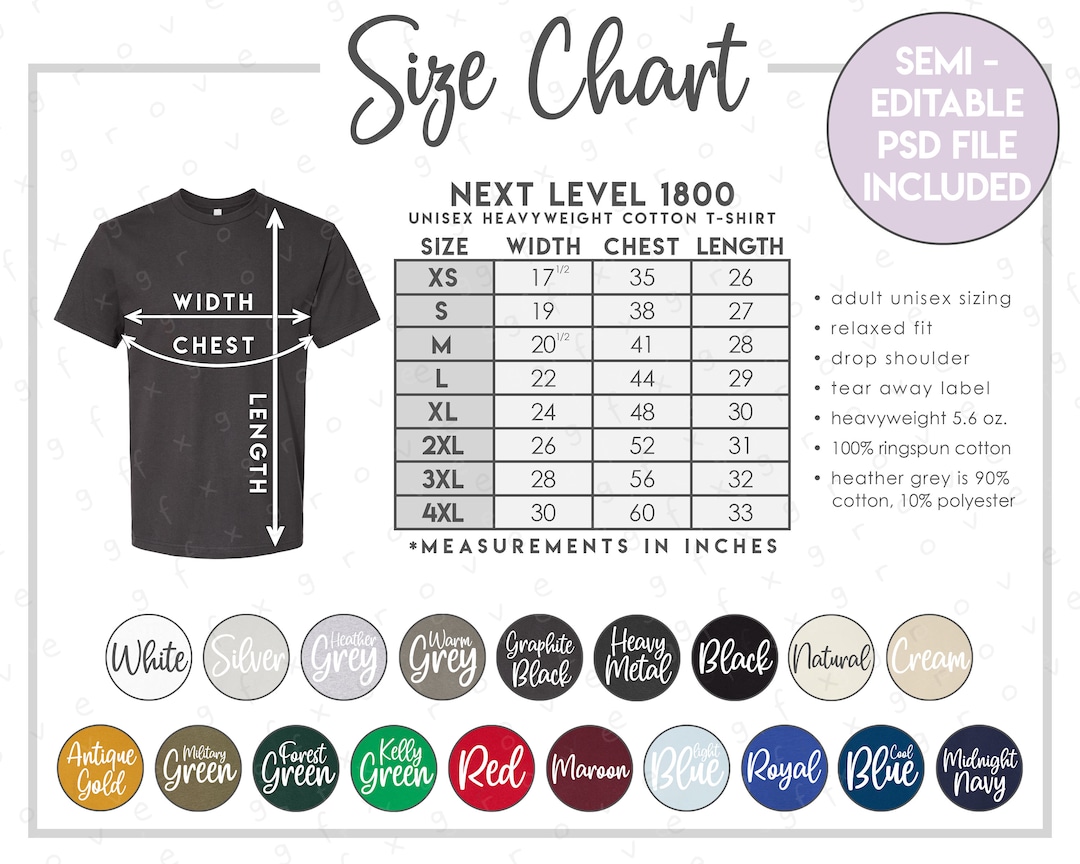 Semi-editable Next Level 1800 Size + Color Chart • Next Level Unisex ...