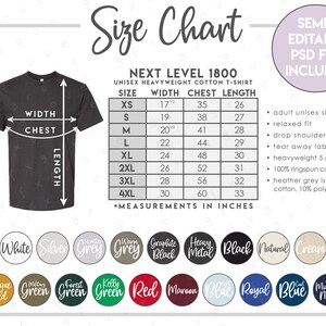 Semi-editable Next Level 1800 Size + Color Chart • Next Level Unisex ...