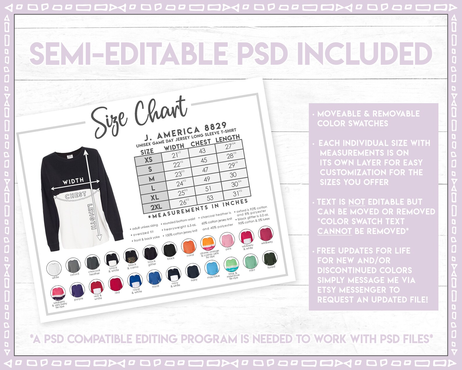 Semi-editable J. America 8829 Size Chart Color Chart | Etsy