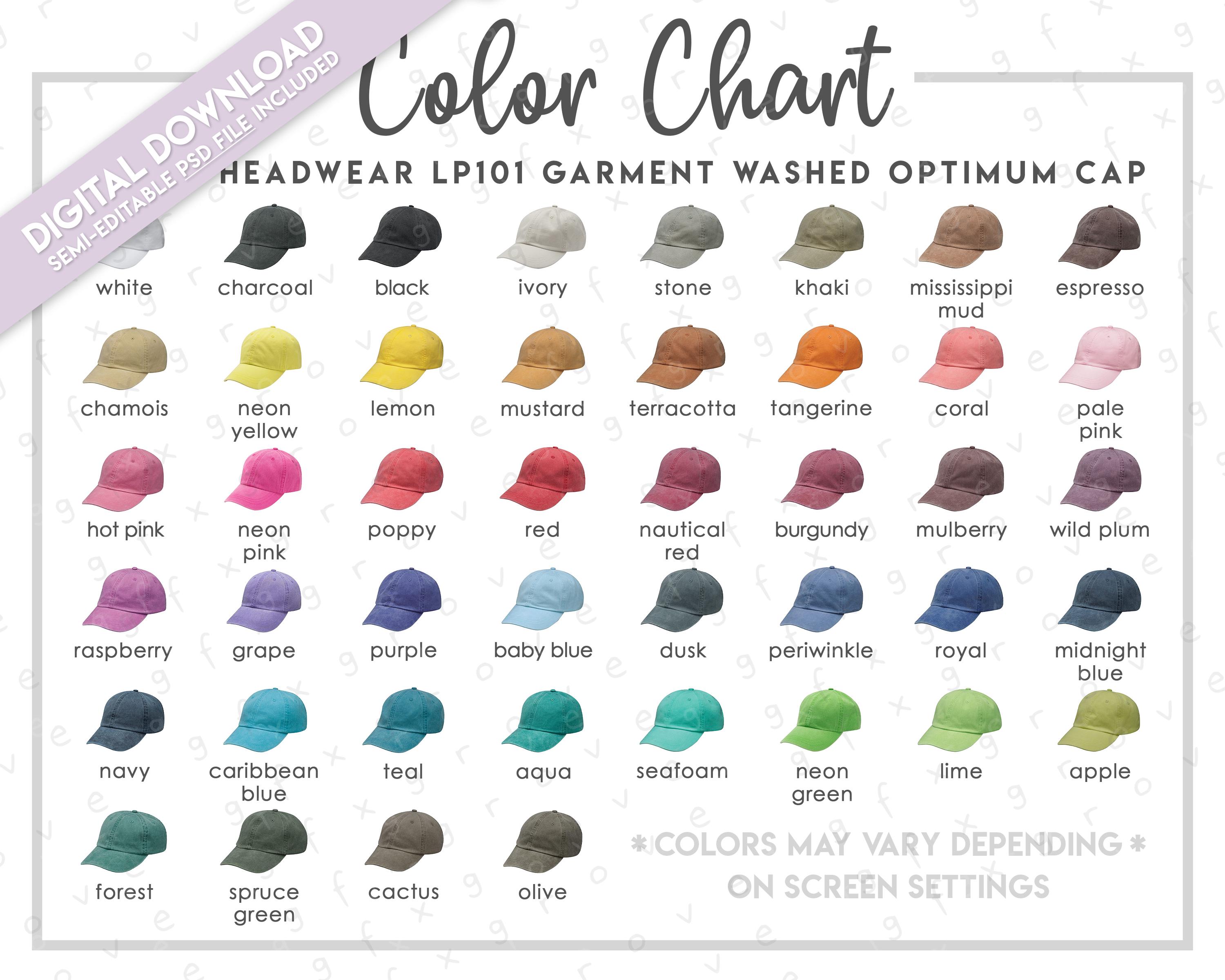 Semi-editable Adams Headwear LP101 Color Chart • Adams Garment Washed ...