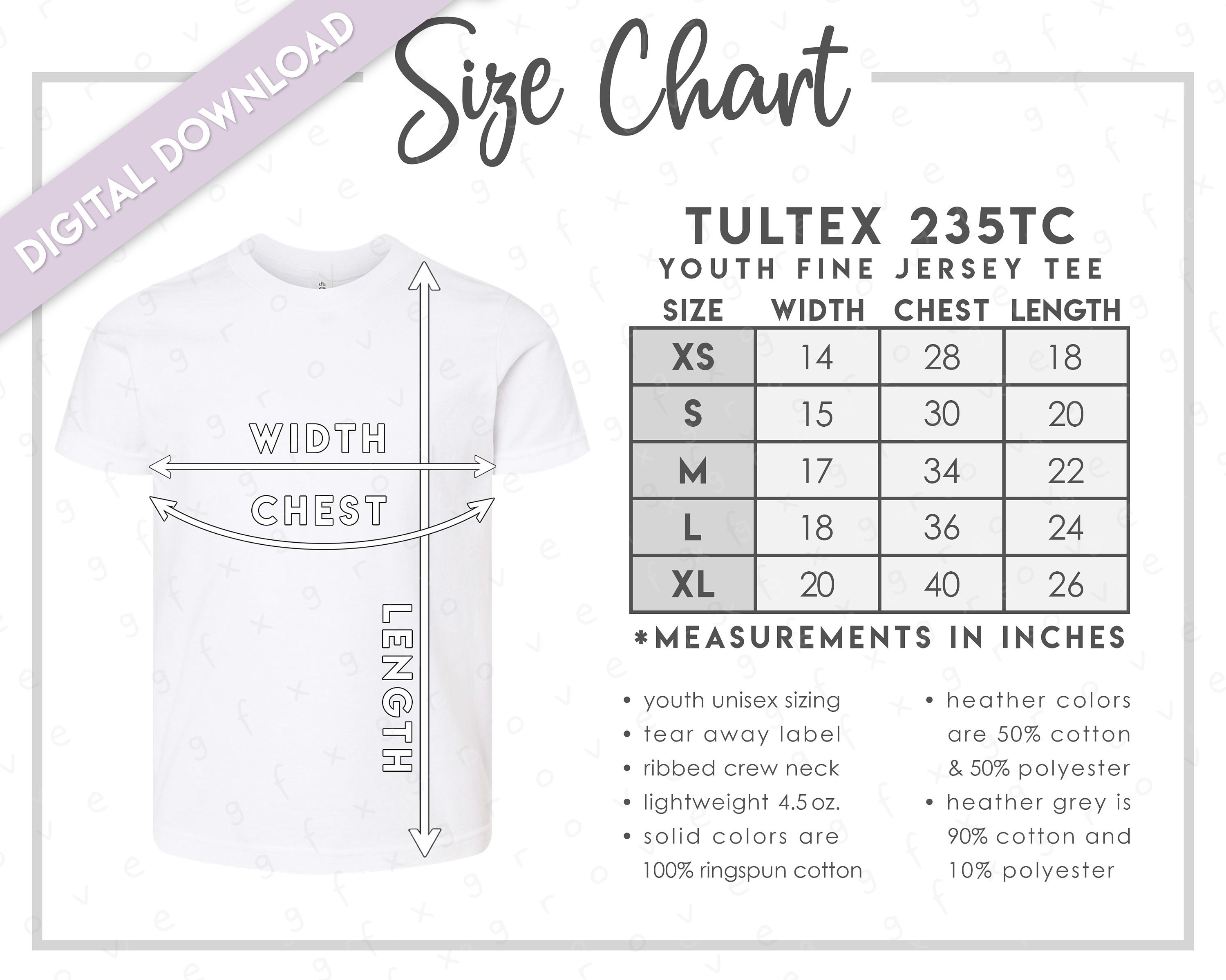 Tultex 235TC Size Chart • Tultex Youth Fine Jersey Tee Size Chart ...