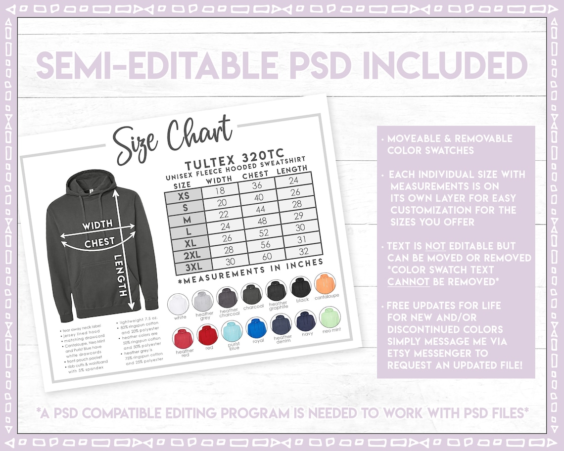 Semi-editable Tultex 320TC Size Color Chart Tultex Unisex - Etsy