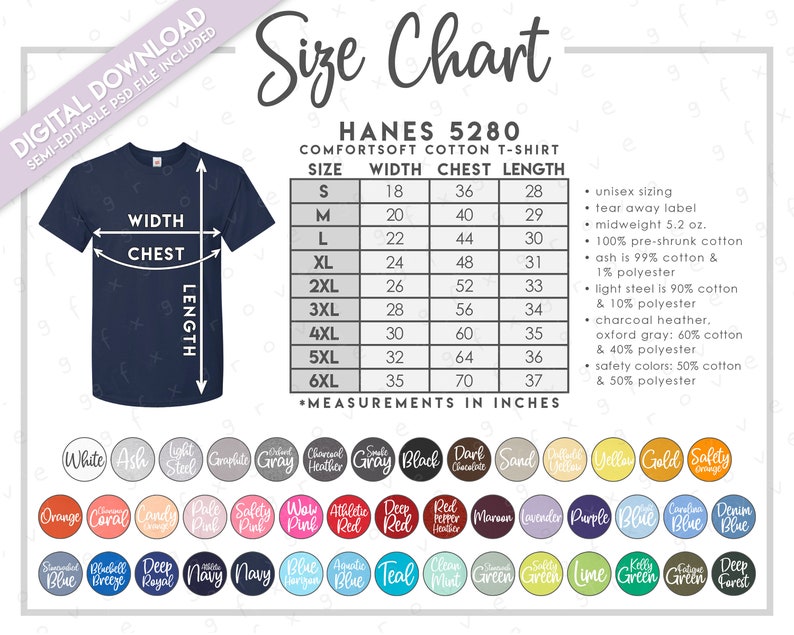 Semi-editable Hanes 5280 Size Chart + Color Chart • Comfortsoft Cotton ...