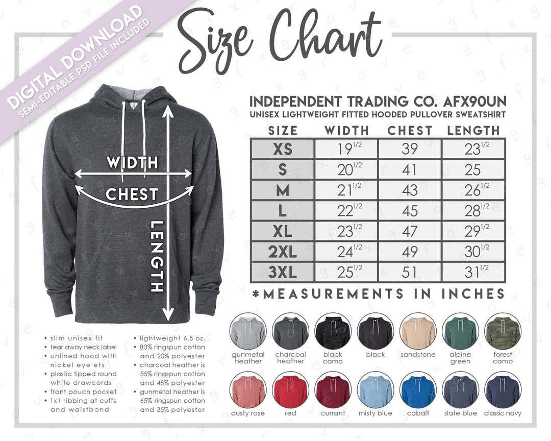 Semi-editable Independent Trading Company AFX90UN Size + Color Chart ...