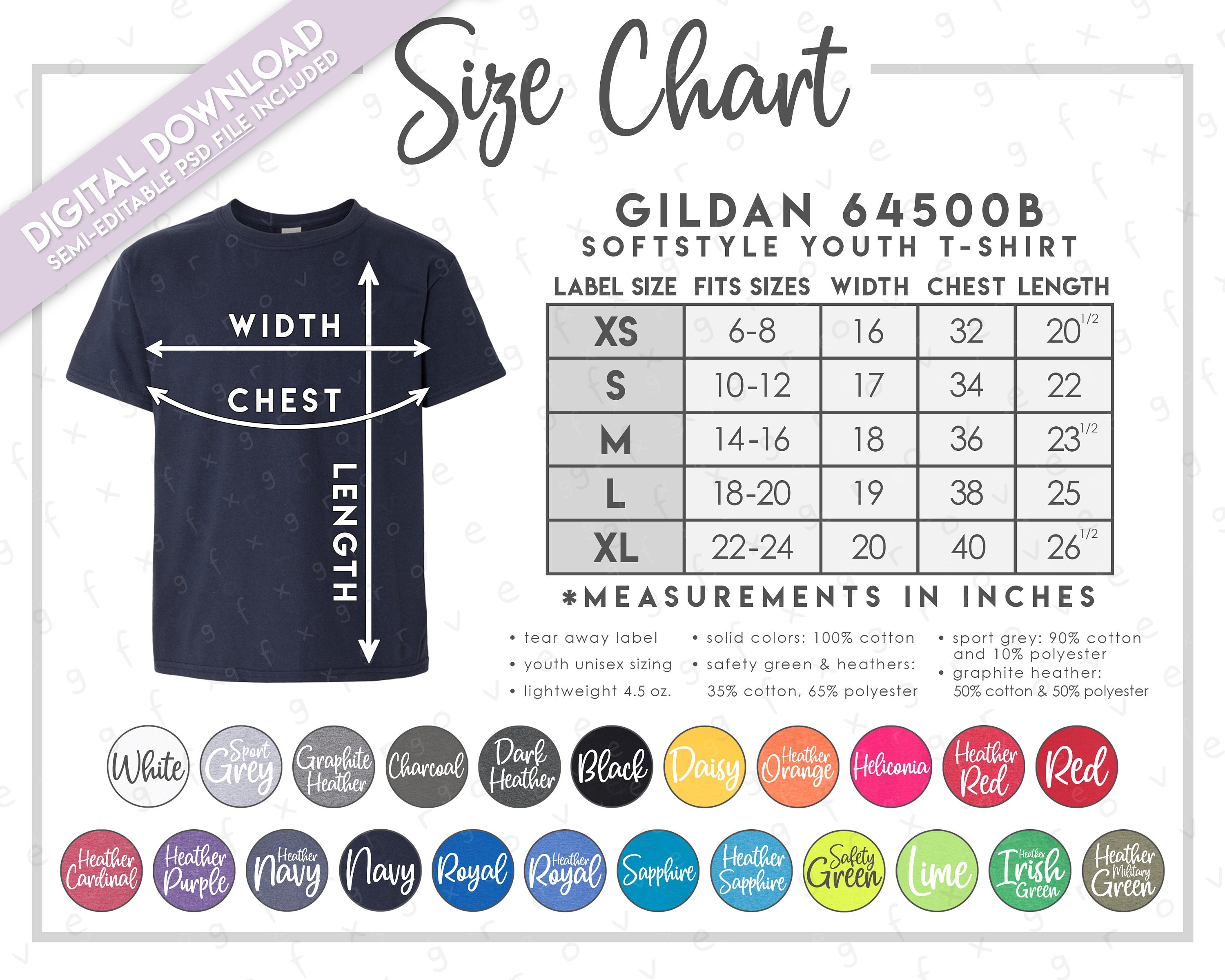 Semi Editable G645b Size Chart Color Chart Softstyle Youth Etsy