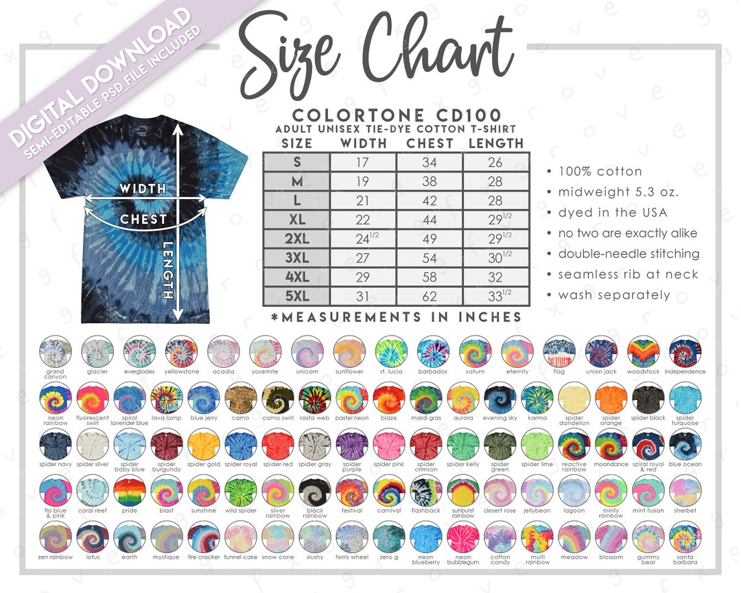 Semi-editable Colortone CD100 Size Color Chart Adult Unisex Tie-dye T ...