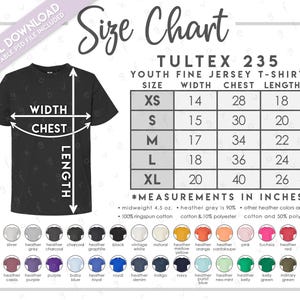 Semi-editable Tultex 235 Size + Color Chart • Tultex Youth Fine Jersey ...