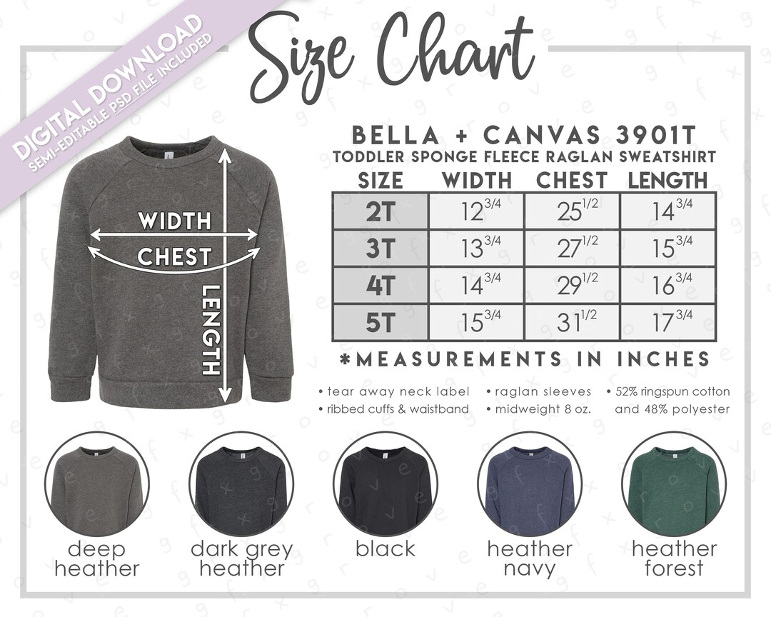 Semi-editable Bella + Canvas 3901T Size + Color Chart • Bella Canvas ...