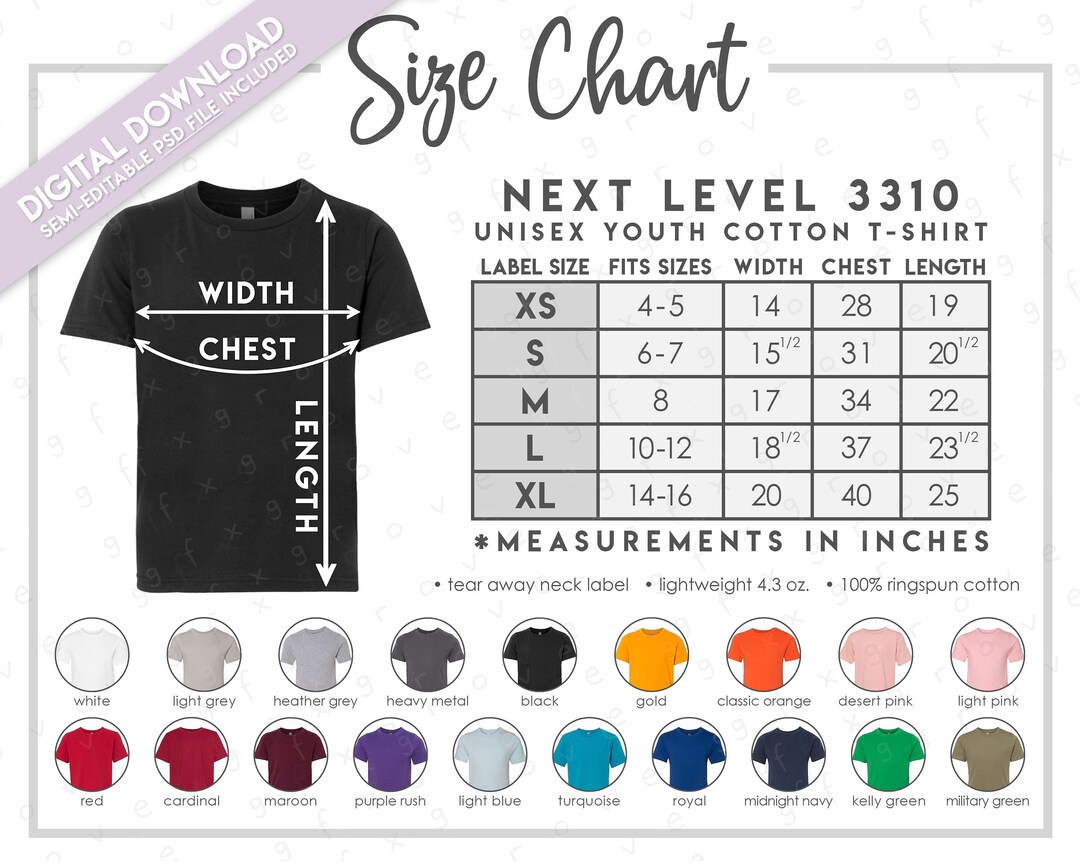 Semi-editable Next Level 3310 Size + Color Chart • Next Level Size ...