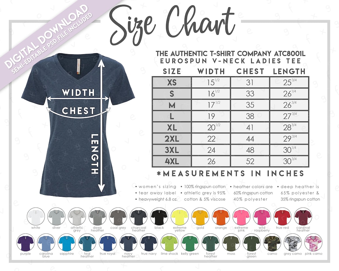 Semi-editable the Authentic T-shirt Company ATC8001L Size + Color Chart ...