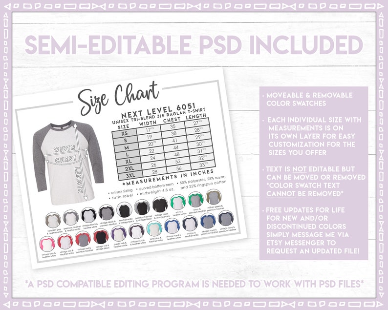 Semi-editable Next Level 6051 Size + Color Chart • Next Level Size ...