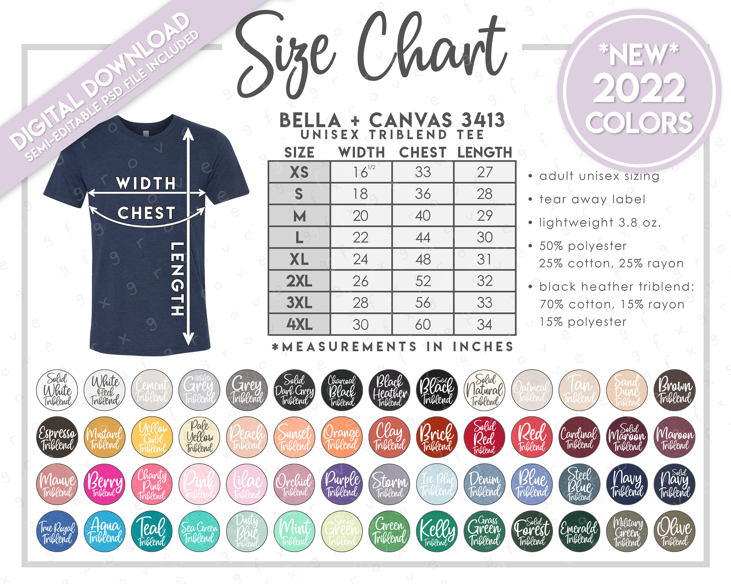 Semi-editable Bella Canvas 3413 Size Color Chart Bella - Etsy