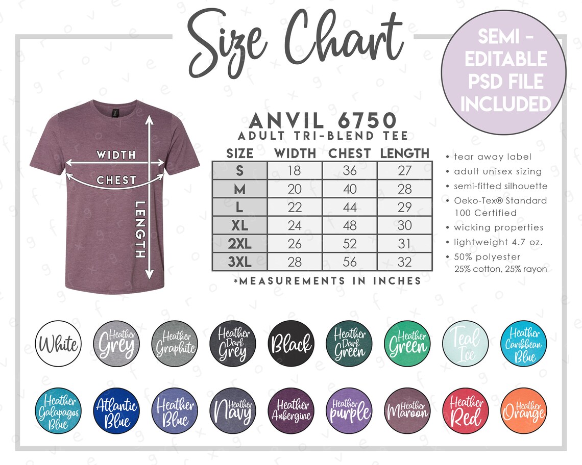 Semi-editable Anvil 6750 Size Color Chart 6750 Triblend - Etsy
