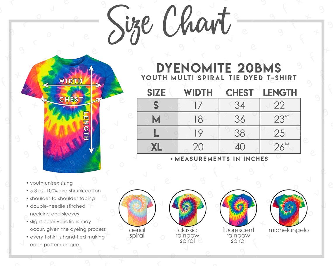 Dyenomite 20BMS Size Color Chart Dyenomite Youth Tie Dyed | Etsy