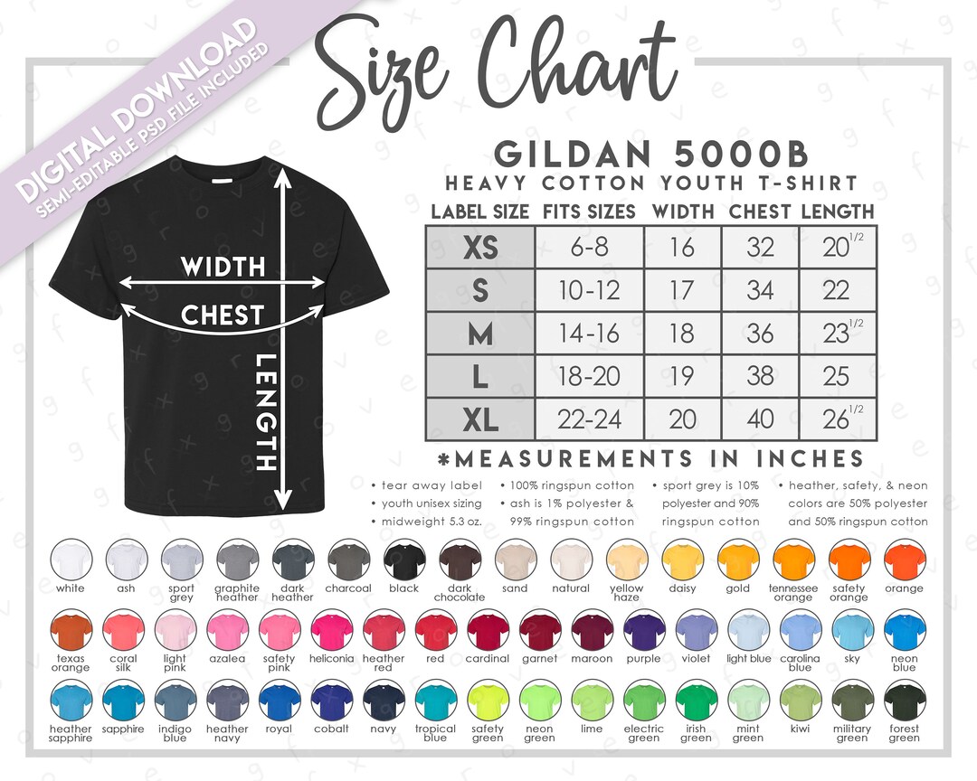 Semi Editable G500B Size Chart Color Chart Heavy Cotton Youth T-shirt ...