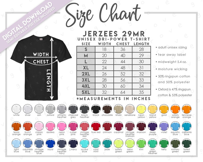 Semi-editable Jerzees 29MR Size + Color Chart • Jerzees Dri Power T ...