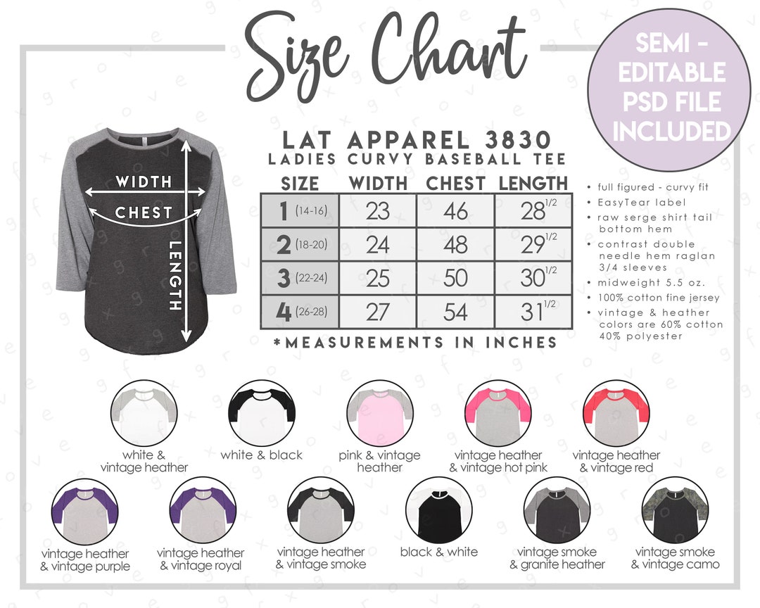 Semi-editable LAT Apparel 3830 Size + Color Chart • LAT Apparel Ladies ...